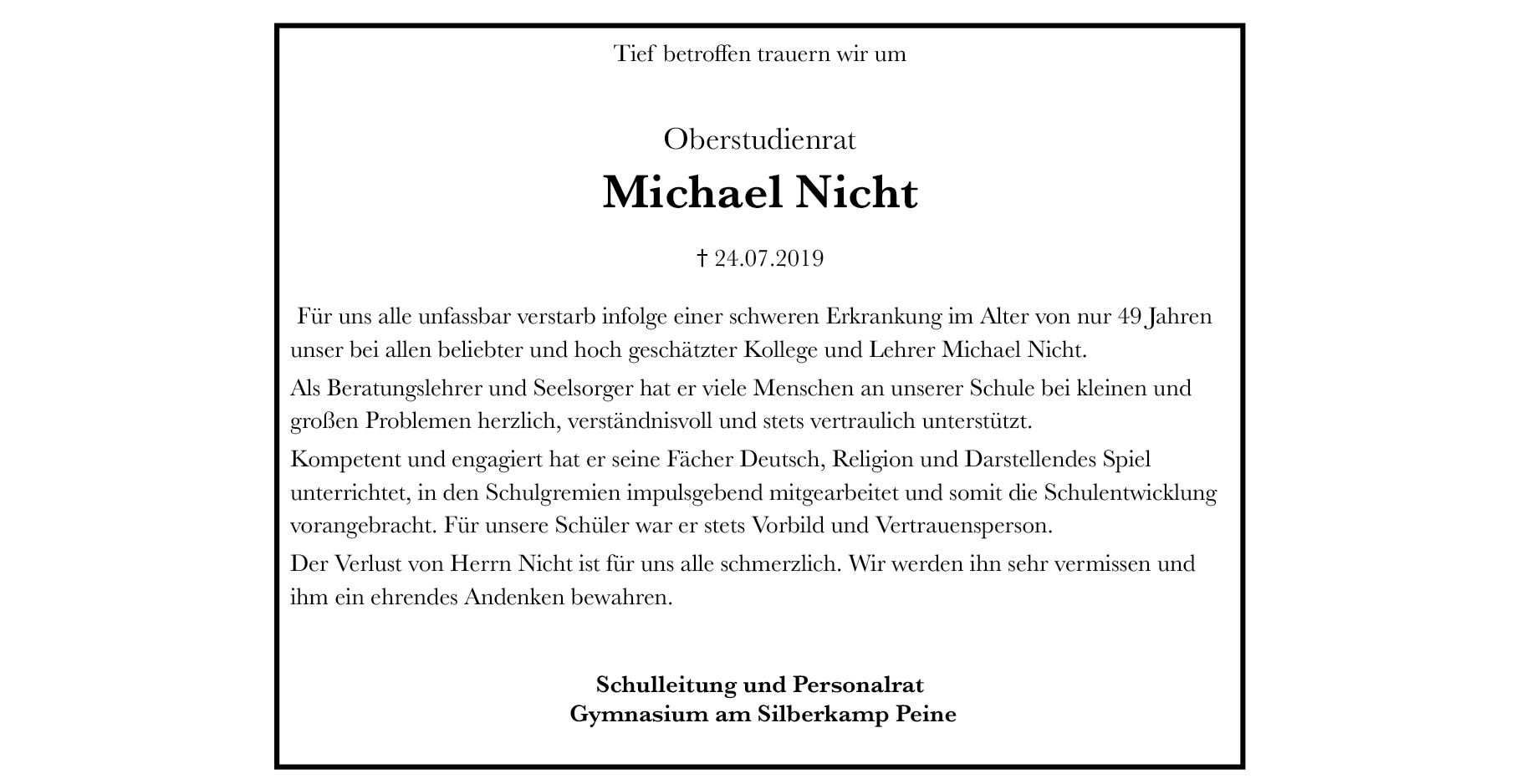 Tief betroffen trauern wir um Oberstudienrat Michael Nicht | Gymnasium ...